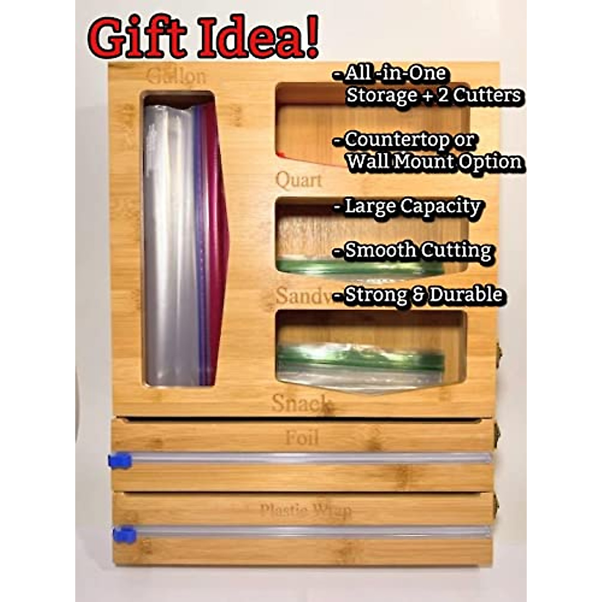 Simplify On the Go Countertop or Wall Mount Kitchen Bamboo 2 in 1 Foil and Sandwich Bag Organizer with 2 Cutters for Aluminum Foil and Plastic Wrap