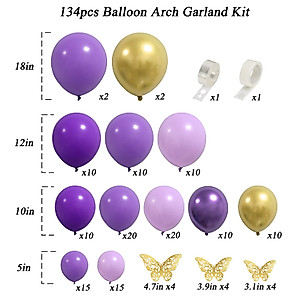 RUBFAC 134pcs Purple Balloon Garland Kit Dark Purple Gold Arch Lavender Light Decoration For Baby Girl Princess Birthday Party Supplies
