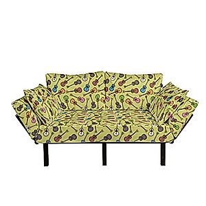 Ambesonne Guitar Futon Couch, Wooden Acoustic Guitar in Colorful Design and Sketch Art Style Swirled Strings, Daybed with Metal Frame Upholstered Sofa for Living Dorm, Loveseat, Multicolor