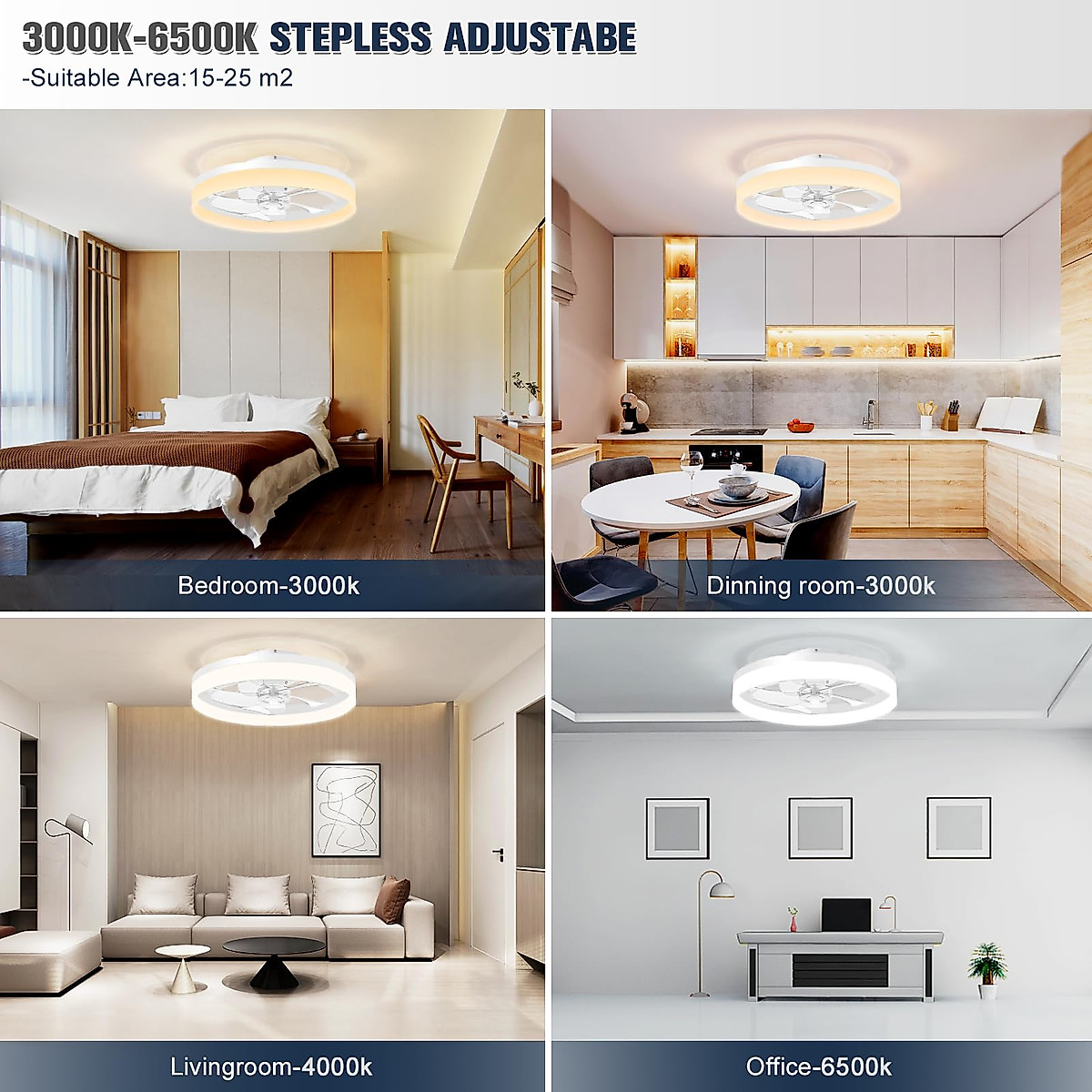 VOLISUN Low Profile Ceiling Fans with Lights and Remote, 19.7in Fandelier Ceiling Fan Flush Mount, 3000K-6500K Smart Bladeless LED Fan Light, White Modern Ceiling Fans with Lights for Bedroom