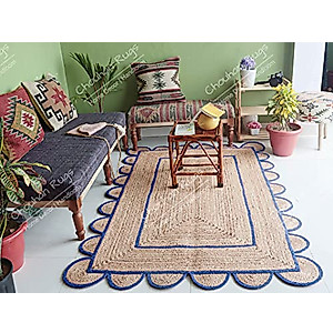 Chouhan Rugs Area Rug Natural Jute Hand Braided Rug Light Blue Scalloped Runner