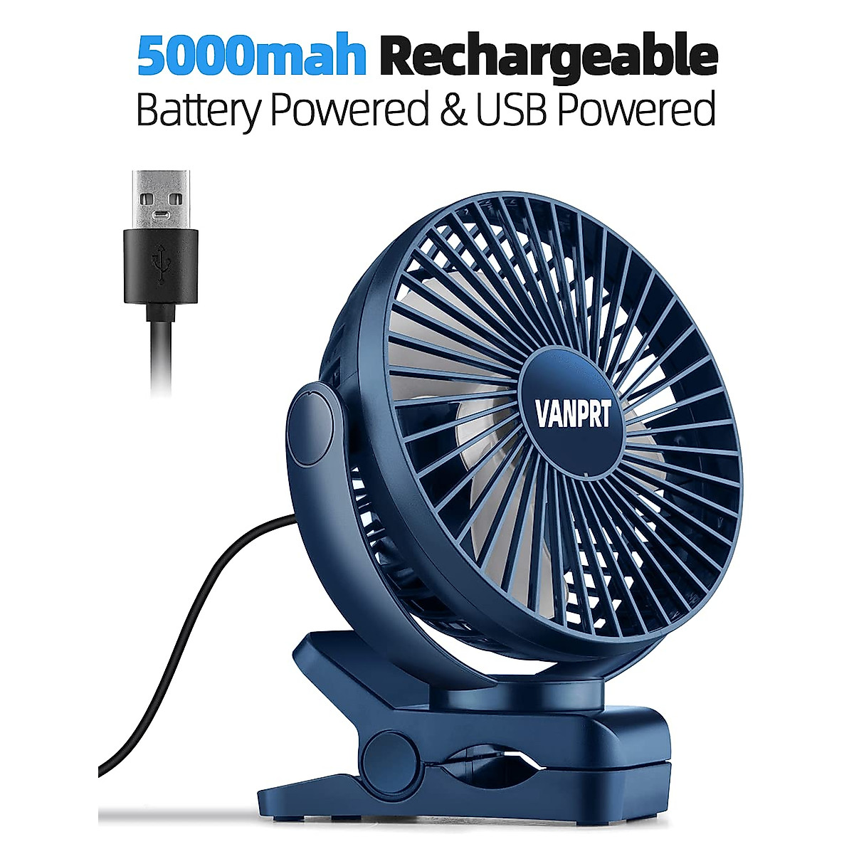 VANPRT 5000mah Clip on Fan, 6'' Portable Rechargeable Battery Fan, 7-30 Working Hours, 3 Speeds Strong Airflow, 720° Rotation, Quiet, Strong Clamp for Desk/Office/Golf/Car/Gym/Treadmill - Blue