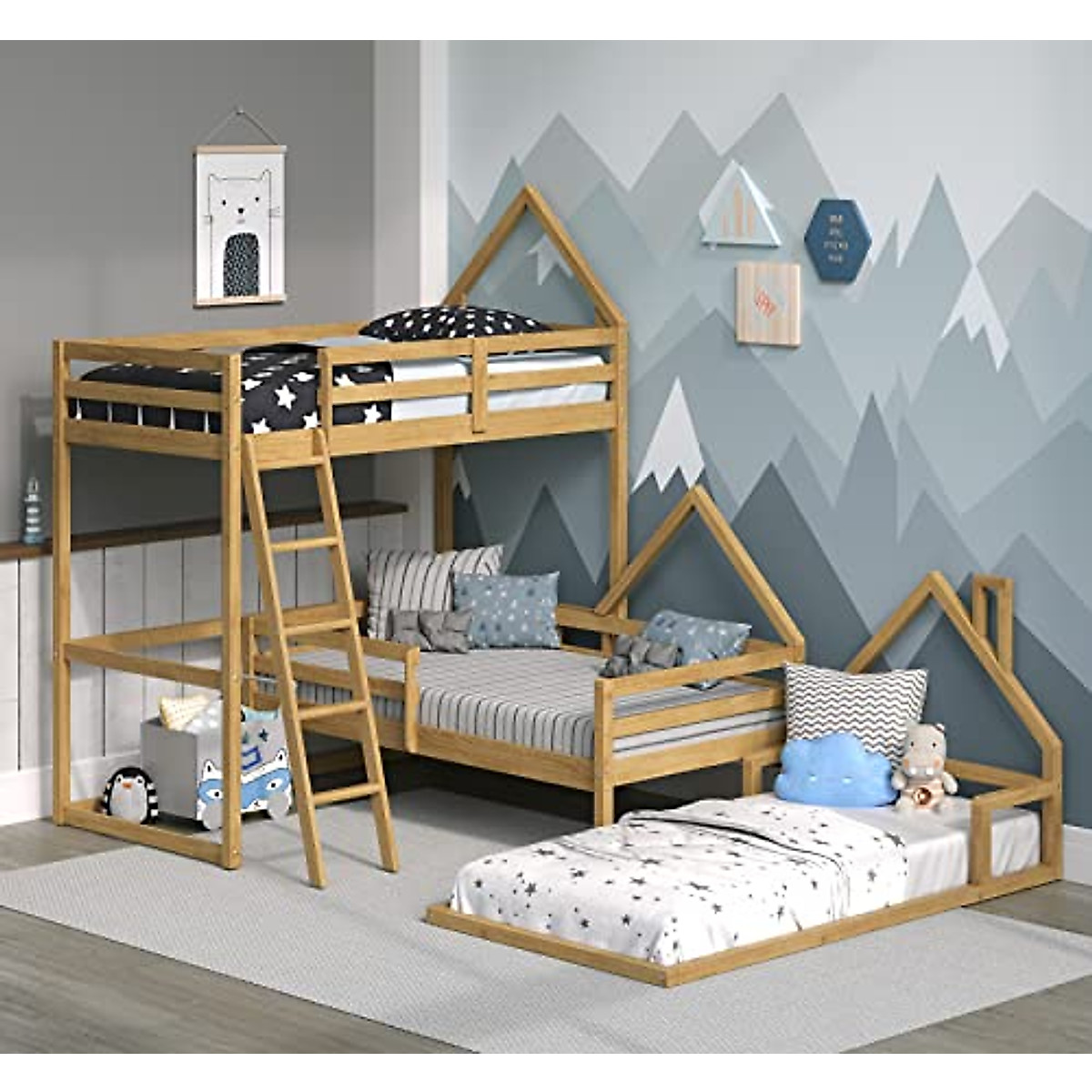 P'Kolino Casita House Twin Floor Bed - Montessori Inspired - Solid FSC Certified Solid Wood Floor Bed - Natural Wood