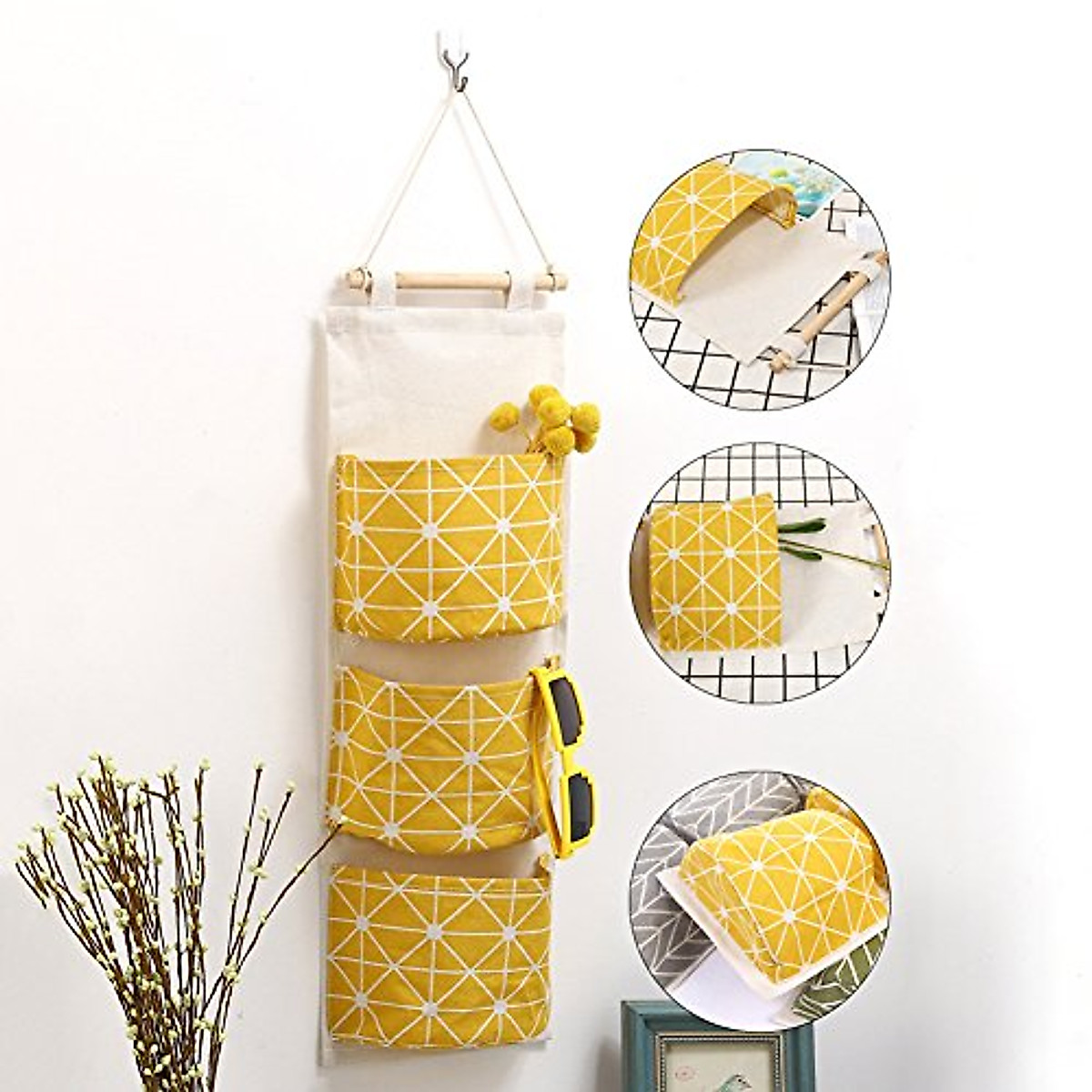 litymitzromq Hanging Organizer, 3 Pockets Wall Door Closet Home Hanging Storage Bag Linen Fabric Wardrobe Organizer Pouch Space Saving Household Tool Green