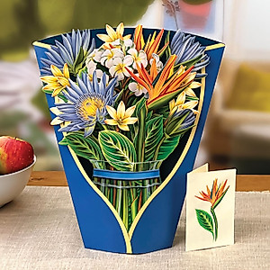 Freshcut Paper Pop Up Cards, Tropical Bloom, 12 inch Life Sized Forever Flower Bouquet 3D Popup Greeting Cards with Note Card and Envelope - Birds of Paradise & Lotus Blossom Flowers