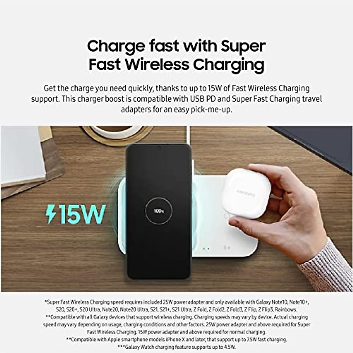SAMSUNG 15W Wireless Charger Duo w/ USB C Cable, Charge 2 Devices at Once, Cordless Super Fast Charging Pad for Galaxy Phones and Devices, 2022, US Version, Black