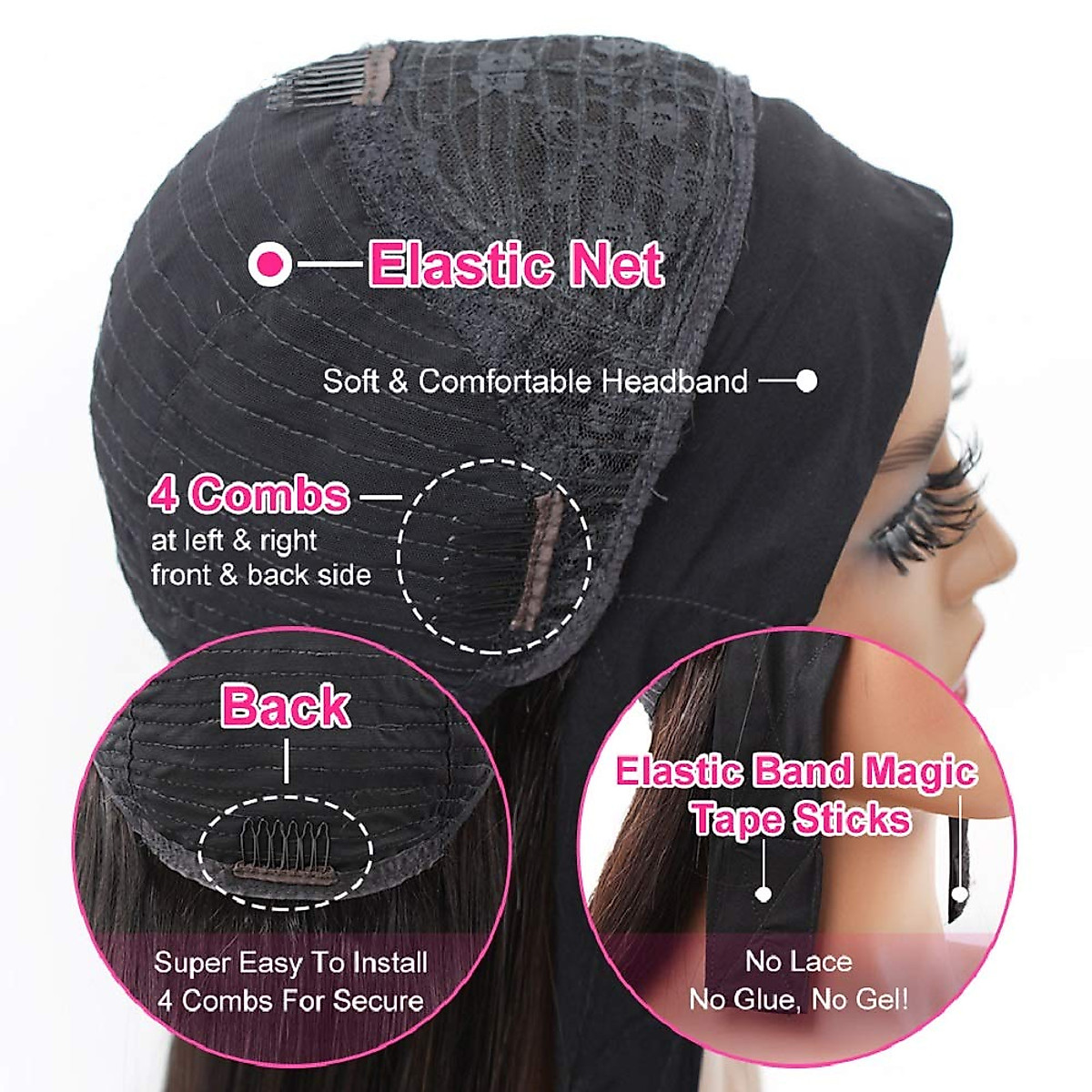 Headband Wig Straight Hair 100% Virgin Human Hair Wig for Black Women Glueless None Lace Front Wig Straight Machine Made Wig 150% Density Natural Color 14 Inch.