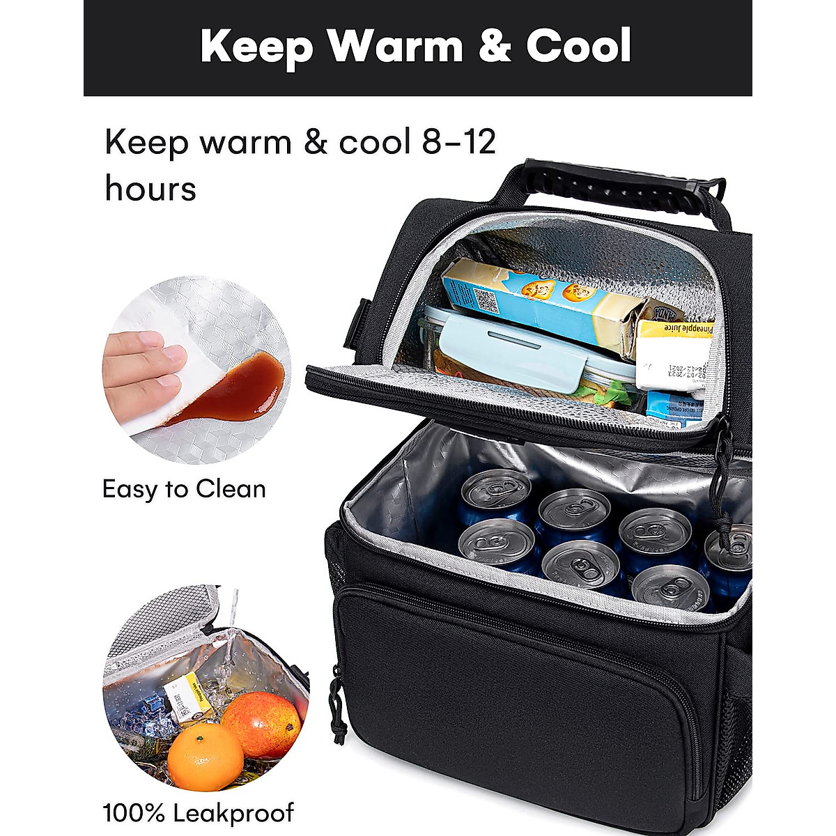 Artelaris Lunch Bag for Men Women, Dual Compartment Insulated Lunch Bag, Large Double Deck Leakproof Cooler Tote Bag with Side Pockets & Shoulder Strap Lunch Box for Picnic Work Camping Fishing