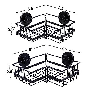 LEVERLOC Corner Shower Caddy Suction Cup with Hooks 2 Pack No-Drilling Rotating Removable Shower Caddy Basket, Stainless Steel Shower Shelves,Rustproof Organizer for Bathroom Storage,Black