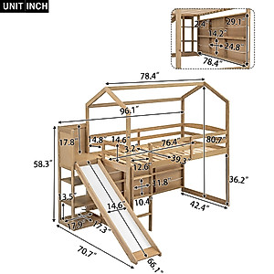 JIVOIT Twin Size Wood House Loft Bed with Slide, Storage Shelves and Light, 3 Beds in 1 Design House Bed with Bookshelf and Full-Length Guardrail, Built-in Ladder and Staircase (Wood Color-Light)