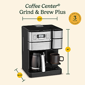 Cuisinart SS-GB1 Coffee Center Grind and Brew Plus, Built-in Coffee Grinder, Coffeemaker and Single-Serve Brewer with 6oz, 8oz and 10oz Serving Size, Black/Silver, 12-Cup Glass