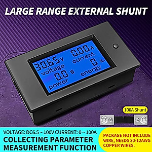 DC Multifunction Battery Monitor Meter, 6.5-100V, 0-100A (Widely Applied to 12V/24V/48V RV/Car Battery) LCD Display Digital Current Voltage Solar Power Meter Multimeter Voltmeter Ammeter