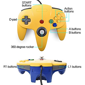 miadore 2-Pack Wired Classic 64 Controller Bundle with 2 Extension Cords [1.8m/6ft ] Compatible with N64 Video Game Console (Black and Yellow)