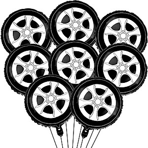 Waenerec 8pcs Tire Balloons 18 Inch Race Car Balloons Garland Kit Large Black Foil Wheels Balloons Classic Car Party Decorations for Boys Kids Truck, Race Car Theme Birthday Party Supplies