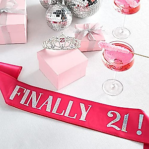 Juvale 21st Birthday Sash and Crown Set for Her, Finally 21 Hot Pink Reflective Sash, Rhinestone Tiara