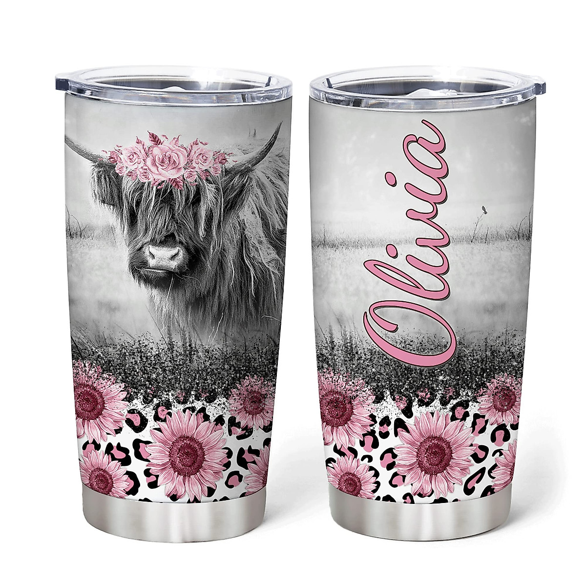 Hyturtle Personalized Gifts For Cow Lover - Birthday Christmas - Highland Cow Print Custom Name Stainless Steel Tumbler 20oz With Straw Lid - Farm Lover Gifts For Her Women Girl Daughter Friend