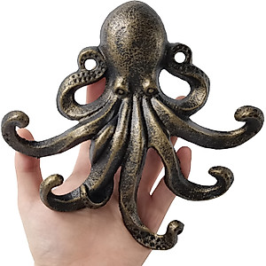 RONYOUNG 2PCS Heavy Duty Decorative Octopus Hook- Wall Mounted Coat Hooks/Solid Cast Iron Unique Key Holders/Home Decor (Green Bronze)