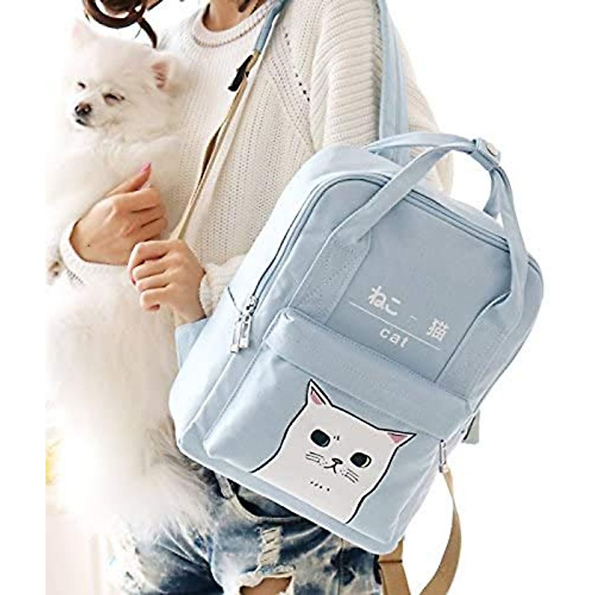 e-youth Women Girls Kawaii Cat School Backpack with Lunch Box Japanese And Korean Style Canvas Bags (Blue), One Size