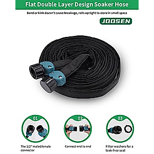 JOOSEN Soaker Hose 25ft 1/2" Flat Double Layer Consistent Drip Hose Saving 80% Water Leakproof Kink Free Vegetable Garden Hose