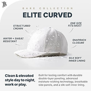 Branded Bills Bare Elite Curved Hat, White, Fits 7-7.5, with Curved Bill, Double Layer Performance Paneling, Adjustable Snapback, Silk-Soft Front Lining, Quad-Foam Band, Water-Repellent Shell