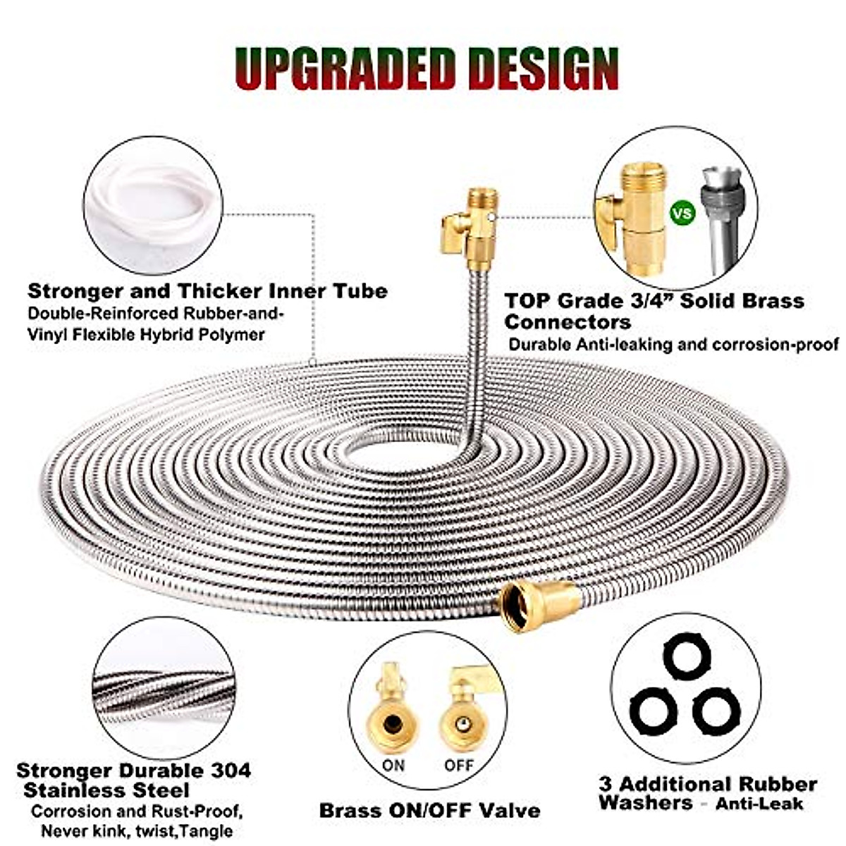 kegemor Garden Hose 100 ft-Metal Water Hose -Flexible Lightweight Outdoor Yard Strong Durable Heavy Duty 304 Stainless Steel Hose Pipe with 10-Way Nozzle, Solid 3/4" Brass Connectors, No Kink Hose