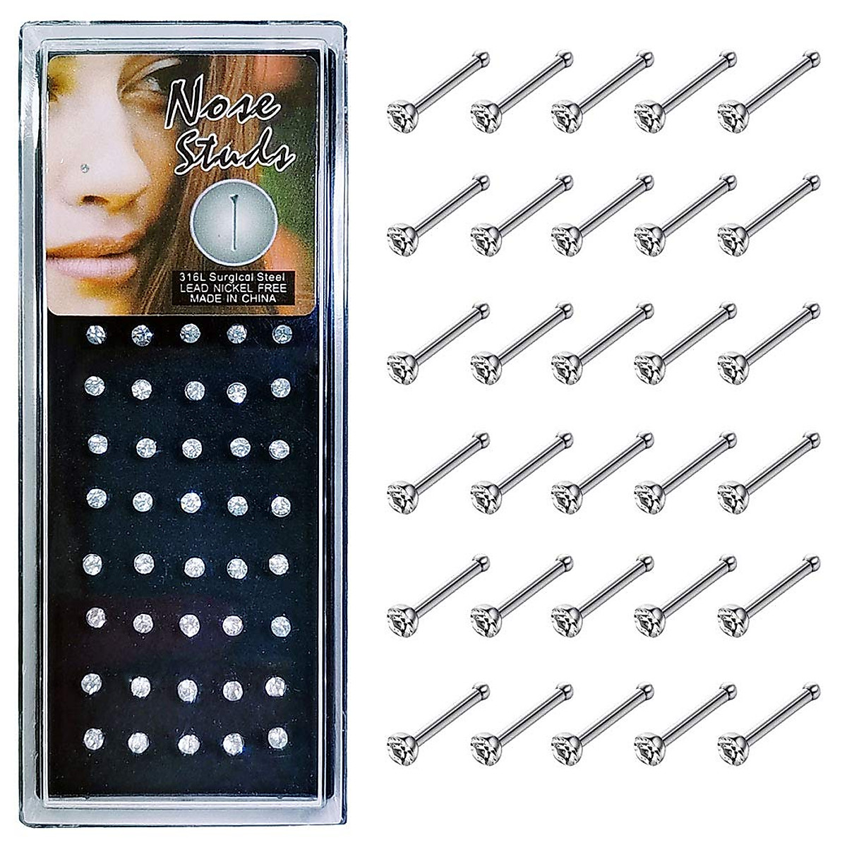 SLVIEKAE 40Pcs Nose Ring Hoop Nose Stud Piercing Hoop Cartilage Tragus Ear Piercing SetNose Studs CZ Hoop Tragus Cartilage Nose Ring Nose Piercing Jewelry (White)