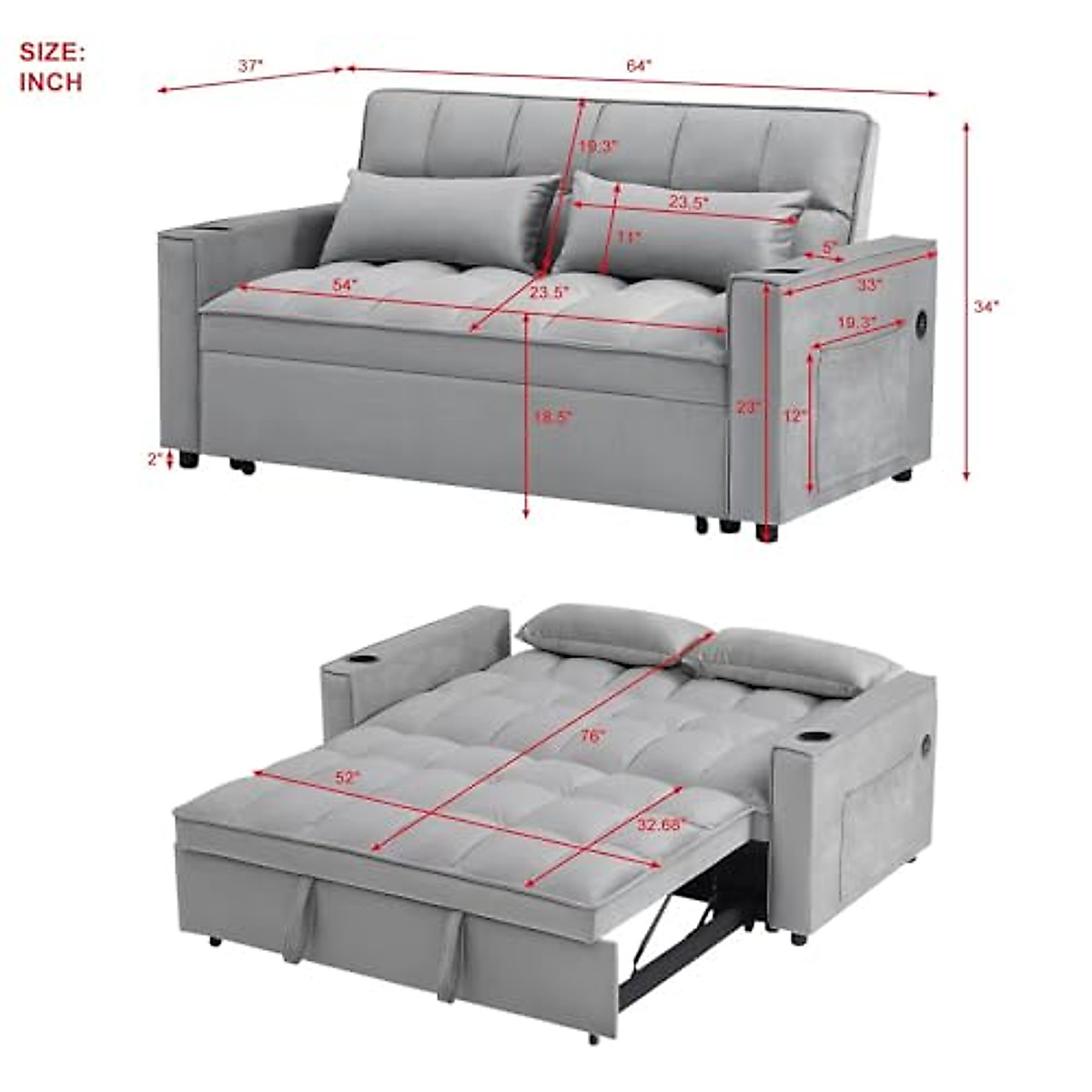 3-in-1 Convertible Pull Out Sleeper Sofa Bed,Loveseat Futon Sofá Chair,Velvet Recliner Lounge Couch with Adjustable Reclining Backrests,USB Ports&Cup Holders for Apartment RV Living Room,Full Size