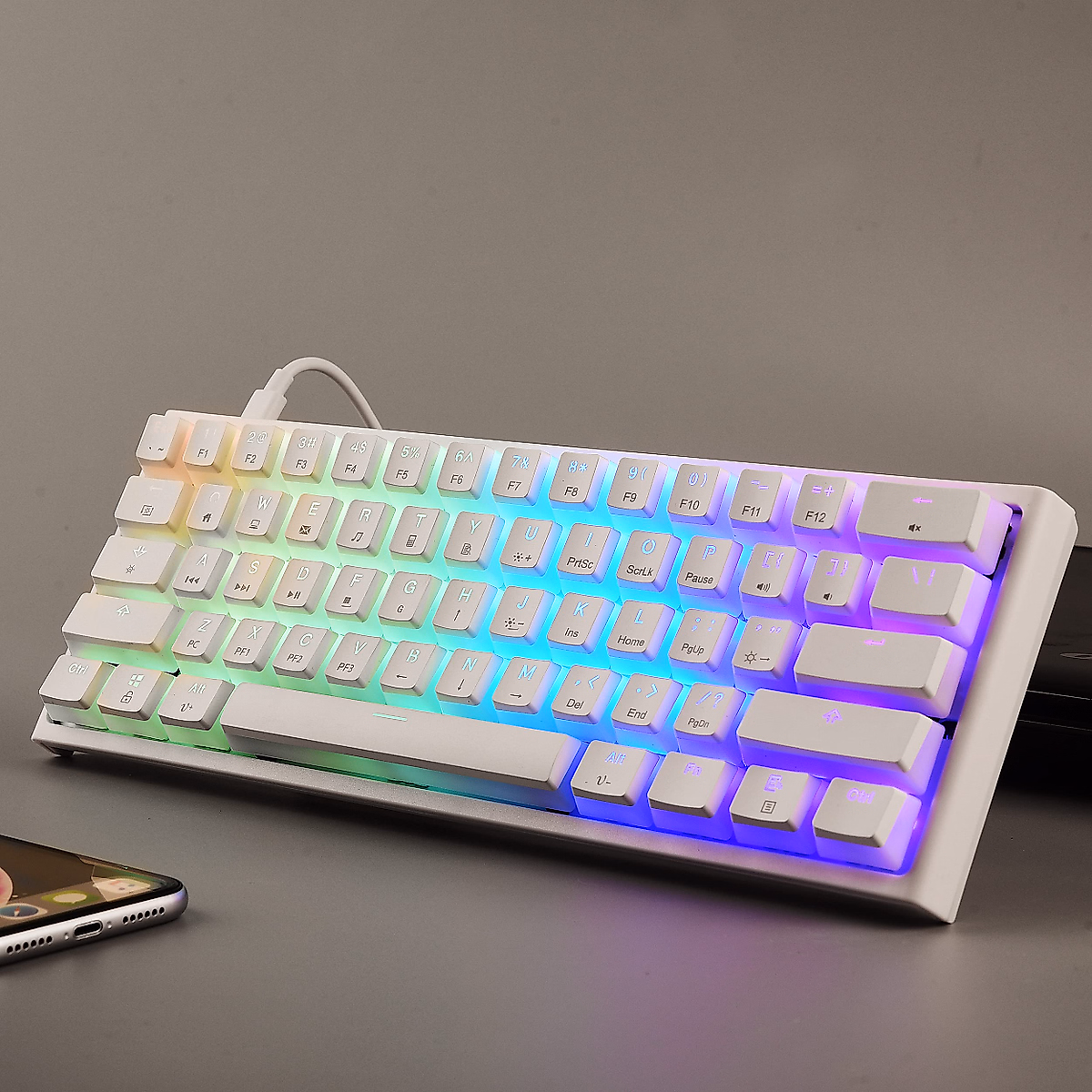 KKV 61 Keys RGB Mechanical Gaming Keyboard,60% Layout Compact PBT Keycaps Mini Design 18 RGB Mode Wired Type-C Mechanical Keyboard for Game and Work (Cherry White)