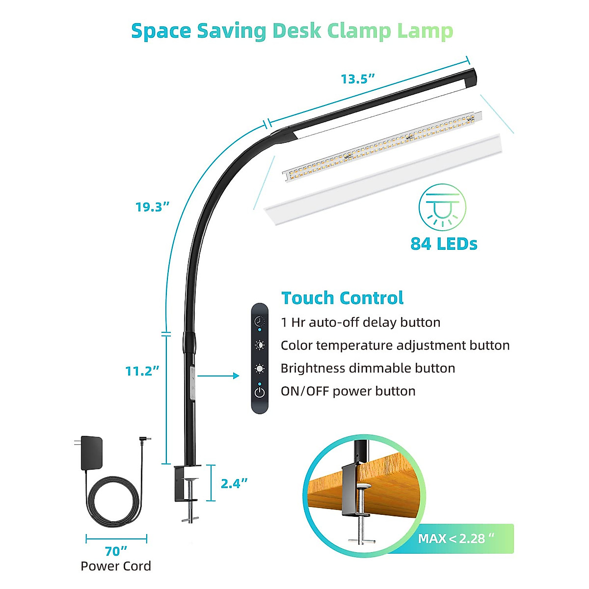 LED Desk Lamp with Clamp, 12W Gooseneck Task Light with 24V Adapter, 5 Brightness Levels & 5 CCT Adjustable Clip Table Lamp, Timer & Memory Functions, Eye-Caring Clamp-on Desk Lamps for Home Office