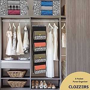CLOZZERS 8 Pocket Hanging Purse Organizer for Closet, Handbag Storage with Clear Vinyl Pockets. Diamond Print Beige