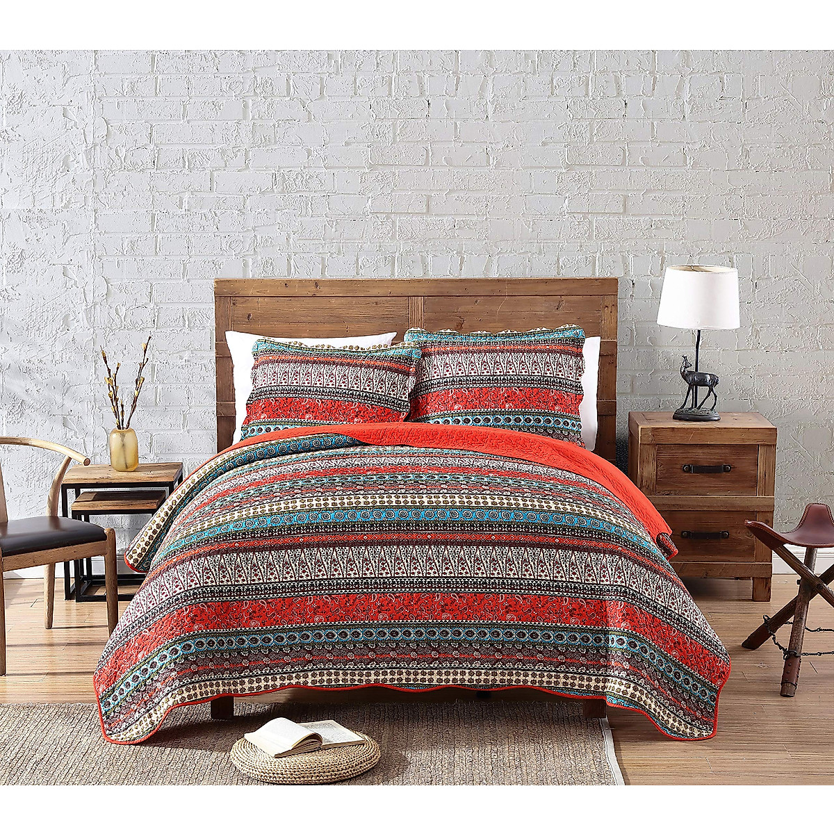 Chezmoi Collection Odette 2-Piece Boho Chic Rust Orange Brown and Red Pre-Washed 100% Cotton Bohemian Bedspread Quilt Set, Twin Size
