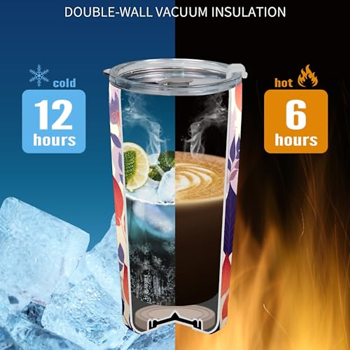 QWEUIOP 20oz Insulated Travel Coffee Mug Hand Drawn Leaves Stainless Steel Tumbler with Lid Double Wall Vacuum Coffee Cup For Hot and Cold Drinks14518