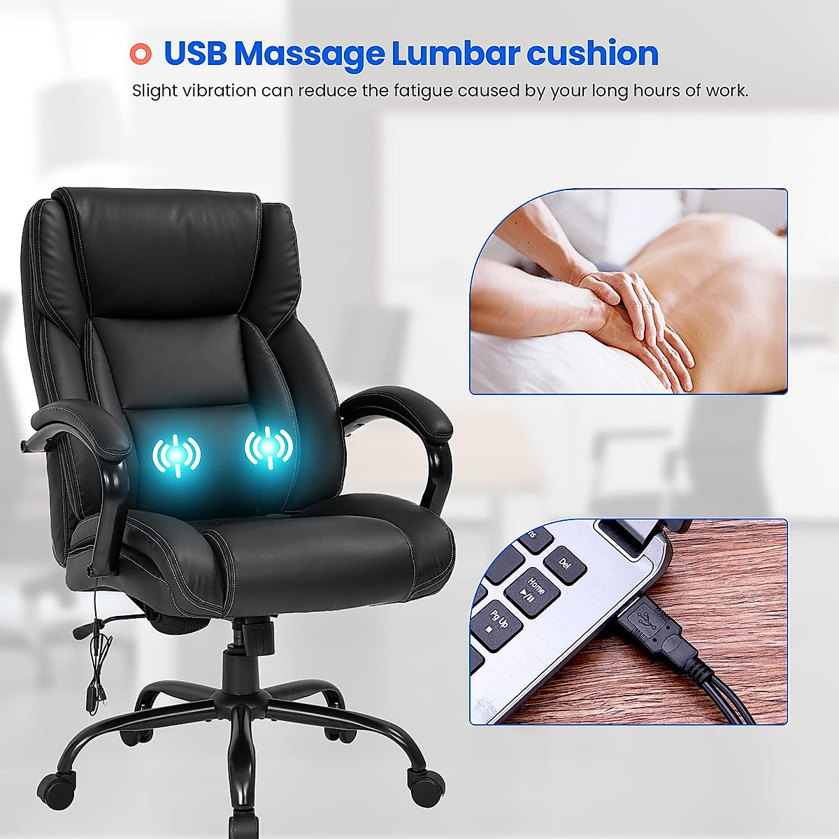 Office Chairs Big and Tall 500lbs Wide Seat for Heavy People Ergonomic Massage PU Leather Executive Chair Adjustable Rolling Swivel Computer Desk Chair with Lumbar Support Headrest Task Chair Black