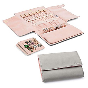 Becko Jewelry Organizer Roll Travel Jewel Bag case for Multiple Necklaces, Rings, Bracelets, Supple Leather & Suede, Large Capacity Without Crease, Lightweight, Portable & Practical (Gray)