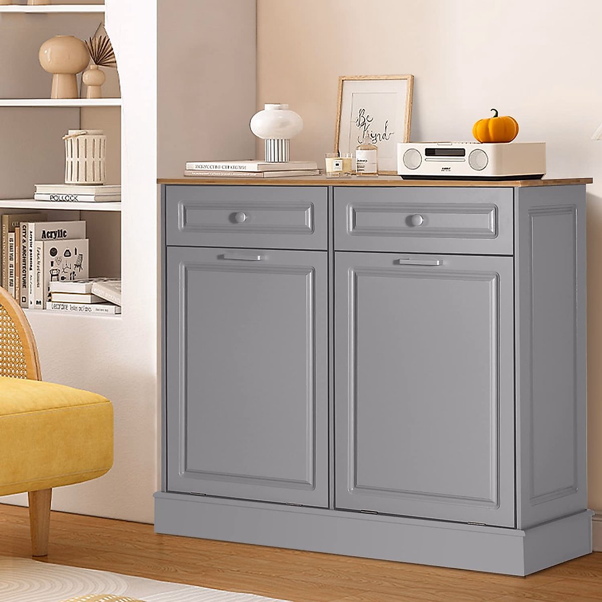 Anbuy Double Kitchen Trash Cabinets Dual Tilt Out Trash Cabinet with Two Solid Wood Hideaway Trash Holder Drawers, Free Standing Recycling Cabinet Trash Can Holder (Dual Gray)