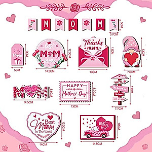 16 Pcs Mother's Day Heart Tiered Tray Decor Happy Mother's Day Wooden Sign Gnome Truck Mom Letters Wooden Decor Mothers Day Table Decorations for Mother's Gift Party Supplies (Heart Style)