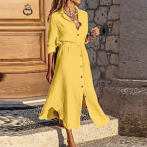 Ceboyel Linen Shirt Dresses for Women Button Down Drawstring Causal Dress Plain Long Maxi Dresses Trendy Ladies Outfits 2023 Plus Size Summer Dresses Yellow L