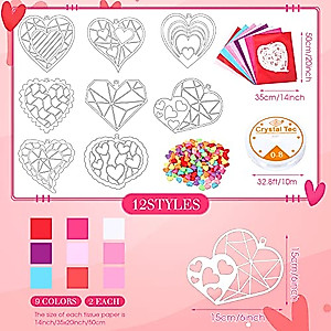 24 Pieces Valentine's Day Suncatcher Craft Kit, Tissue Paper Heart Suncatcher Craft Valentine's Day Window Art Kit with 18 Tissue Paper for Valentine's Day Mother's Day Craft DIY Spring Party Favor