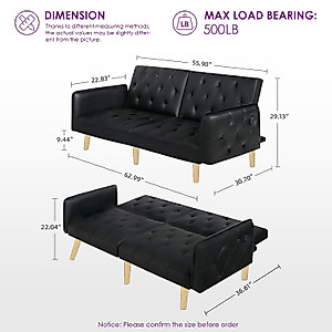 TYBOATLE 65“ Sofa Bed w/ 2 USB,Convertible Futon Tufted Small Adjustable Folding Couch Loveseat, Modern Mid Century Faux Leather Sleeper Sofa for Living Room,Bedroom,Apartment,Office (Black) (Black)