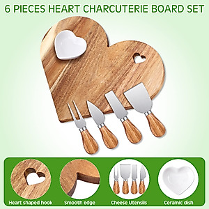 Irenare 6 Pcs Heart Shaped Charcuterie Board and Serving Set 12 x 10 x 0.6 Inch Acacia Wood Heart Shaped Cutting Board Cheese Serving Platter Heart Shaped Plates Ceramic Heart Bowl Cheese Knife Set