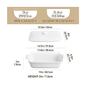 MALACASA 3.4 Quart Baking Dish With Lid, Porcelain Casserole dish with Lid, 13 x 9 Lasagna Pan Deep with Lid, Rectangular Bakeware With Handle, Microwave, Oven Safe, White, Series BAKE