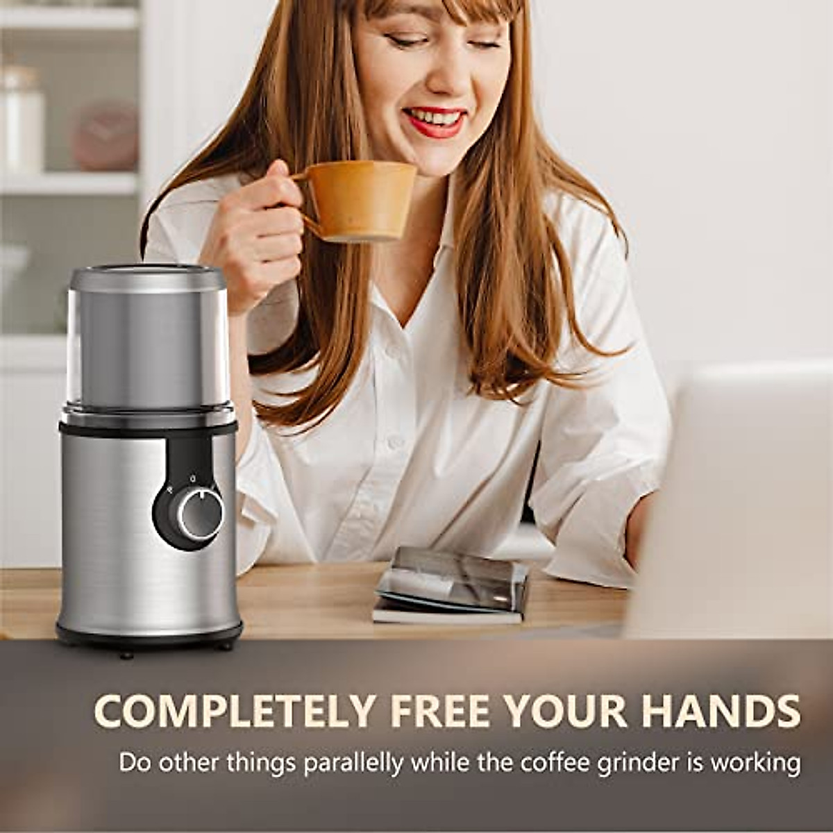 Electric Coffee Grinder with 1 Removable Cup, Adjustable Coffee Bean Grinder for Beans, Spice, Herb, Nut, Flax Seed, 300W Powerful Electric Spice Grinder with Non-Slip Feet, Clear Lid, Stainless Steel