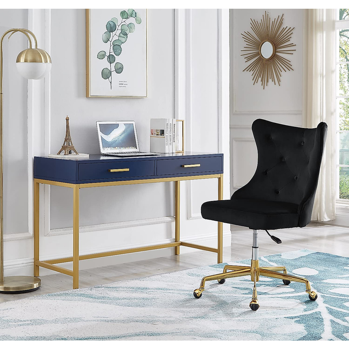 24KF Upholstered Tufted Button Velvet Office Chair with Golden Metal Base,Adjustable Height Swivel Office Chair -Black