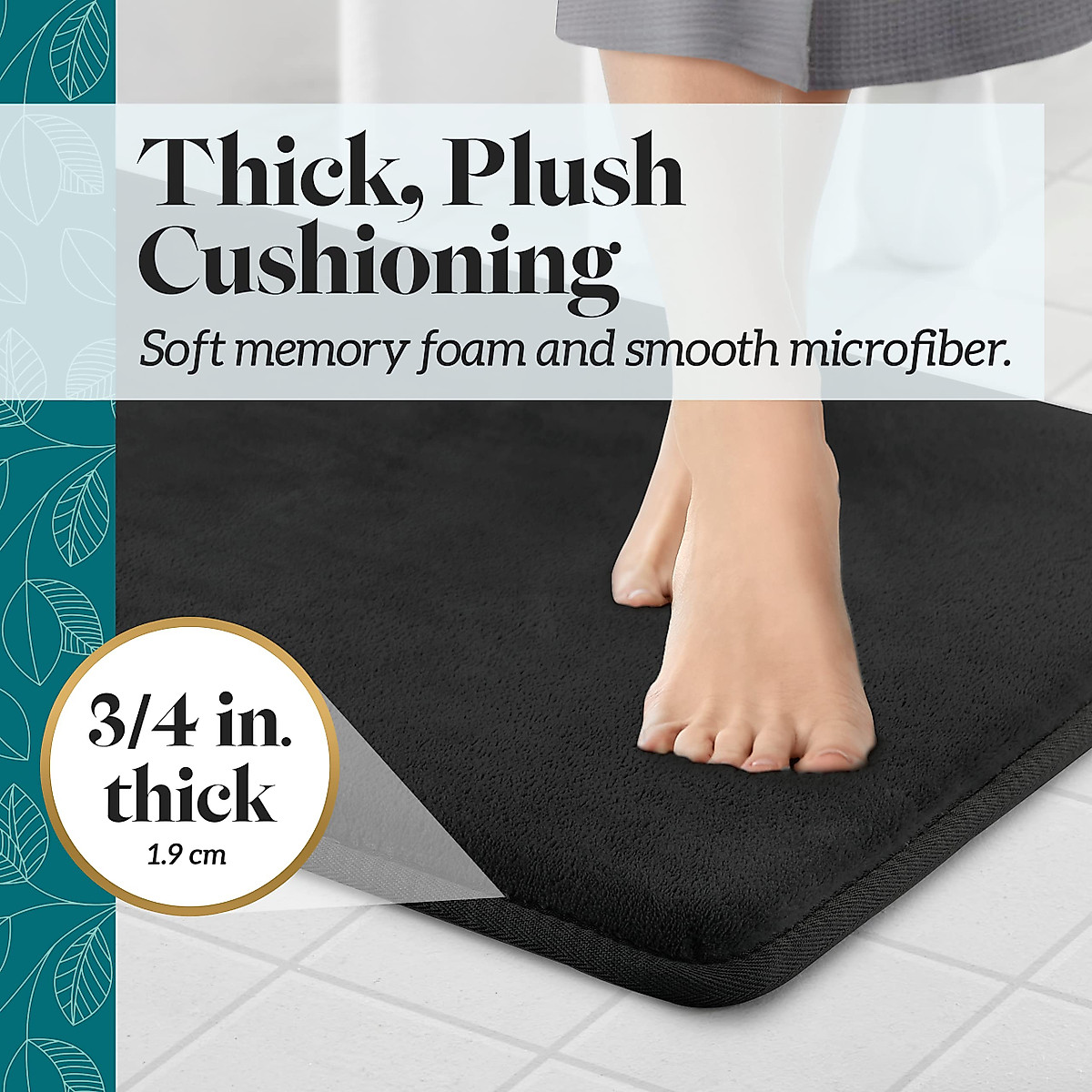 Genteele Bath Mats for Bathroom Non Slip - Black 17" x 24" Memory Foam Bathroom Rugs - Quick Dry Bath Mat