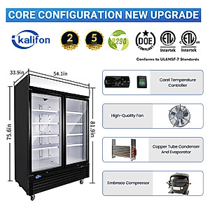 kalifon Commercial Glass 2 Door Display Refrigerator 49 Cu.Ft Beverage Cooler Merchandiser Upright with LED Light for Home Restaurant Grocery Stores