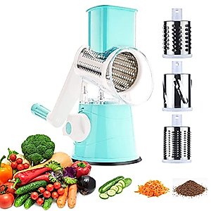 3rd Generation Rotary Cheese Grater, Mandoline Vegetable Slicer with 3 Replacement Blades, Easy to Clean Rotary Shredder for Fruit, Vegetables, Red (Blue)