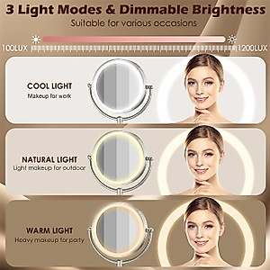 VESAUR 8.5" Large Tall Lighted Makeup Mirror, 1X/10X Magnifying Vanity Mirror with 3 Color Lights, 48 LEDs Adjust Brightness(0-1200Lux), Senior Pearl Nickel Swivel Cosmetic Mirror, Dual Power Supply