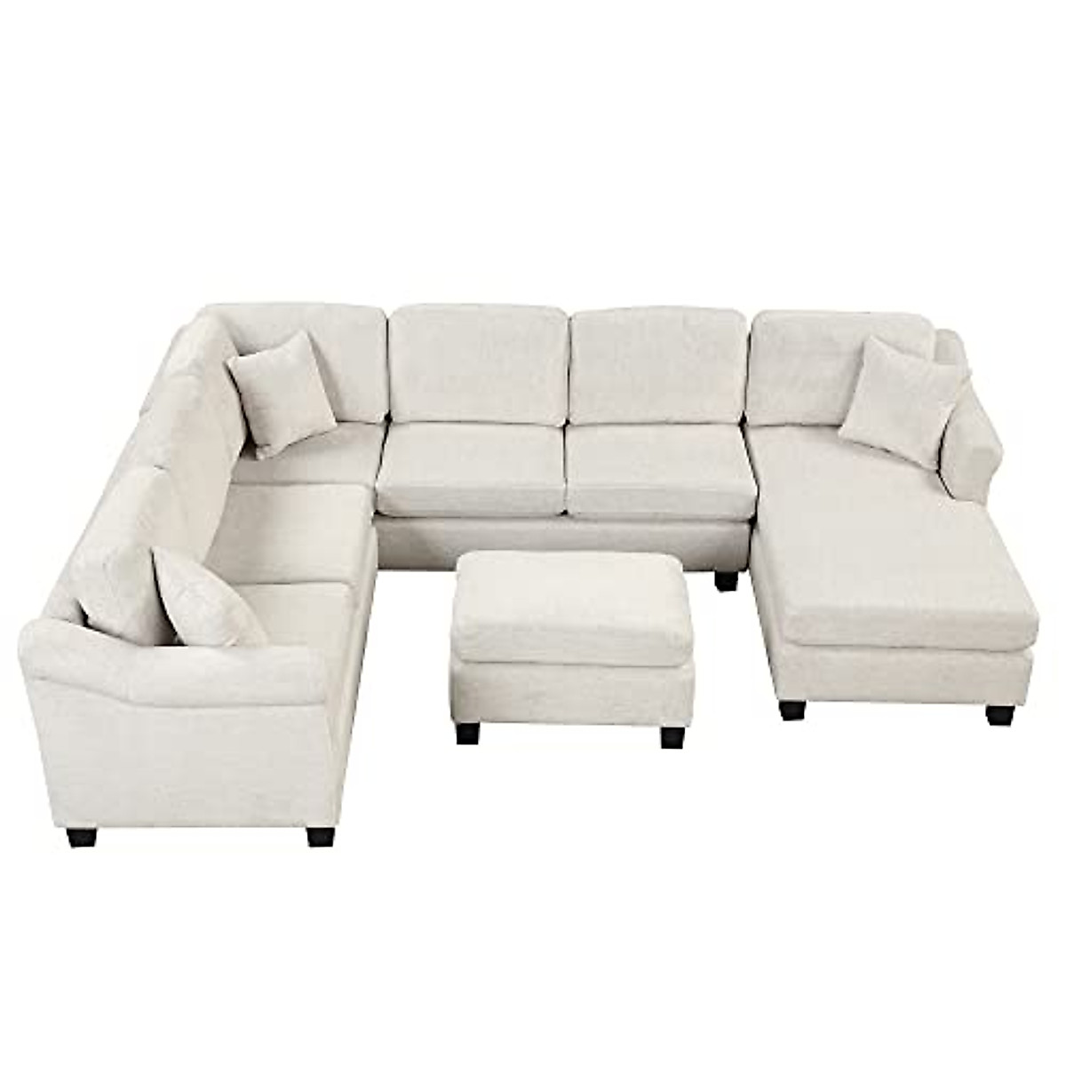 HAUSHECK 4 Pieces Sofa with Ottoman & Right Side Chaise, U Shaped Sectional Couches Living Room Furniture Set, 91.3" D x 122.1" W x 25.6" H, White
