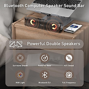 Bobtot Computer Speakers Desktop Soundbar - HiFi Stereo Audio RGB Mini Sound Bar External Speaker with Bluetooth AUX-in Wired USB Powered Volume Control for PC Laptop Tablets Monitor