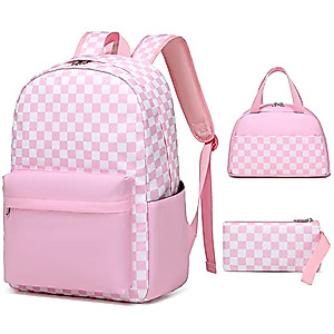 Sunborls Teen Girls Large Capacity Bookbags Backpack with Lunch Box and Pencil Case 3pcs Back To School Backpacks Gift（Plaid Pink）